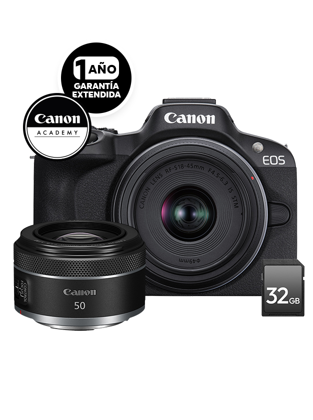 Kit Cámara Canon EOS R50 + RF-S 18-45mm + RF 50mm f/1.8 STM + SD 32GB ...